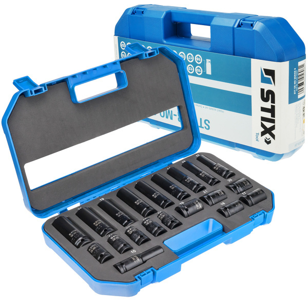 1/2" Impact Sockets, Long and Short, 20-Piece Set, 10 to 22 mm, in Case, STT CR-MO SERIES 8 ...